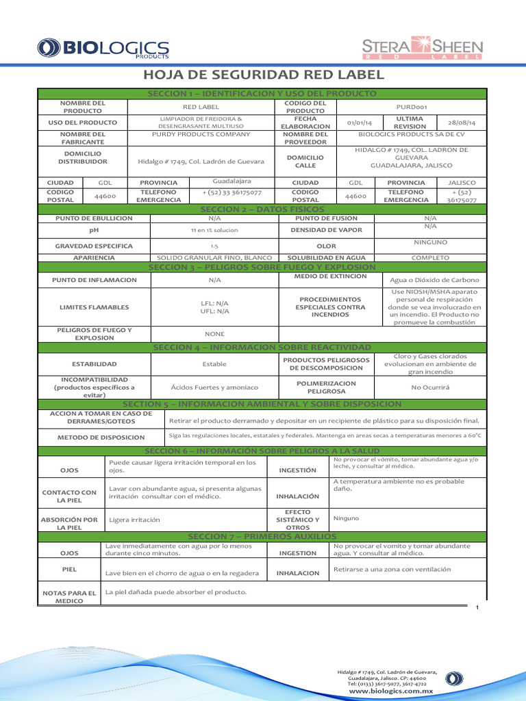 Hoja de Seguridad Limpiador Red Label | PDF | Agua | Sustancias químicas