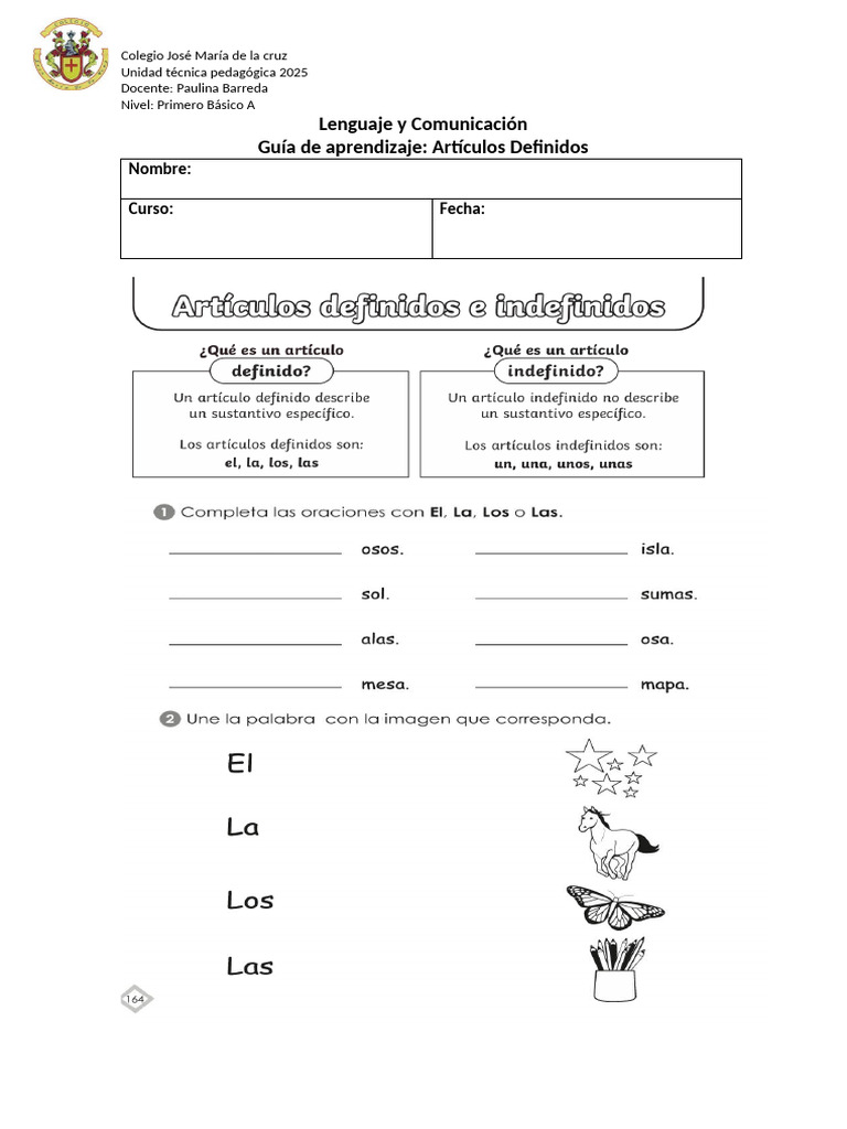 Guía de Artículos Definidos - 1° Básico | PDF