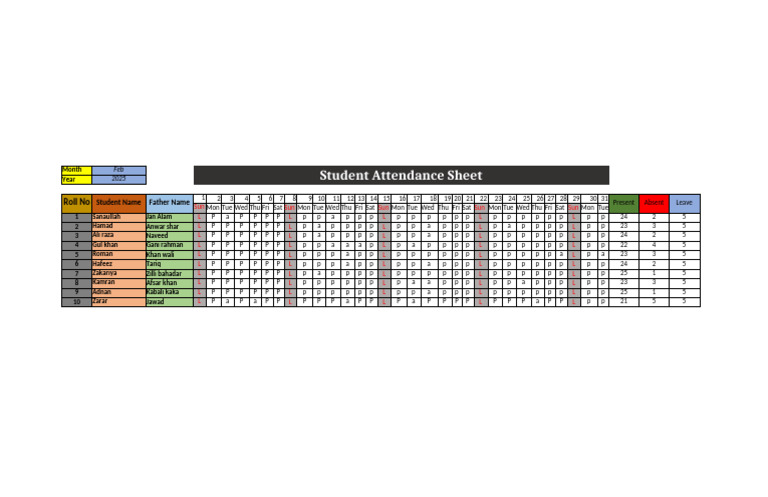 EXCEL Project No 1 Attendance Sheet | PDF