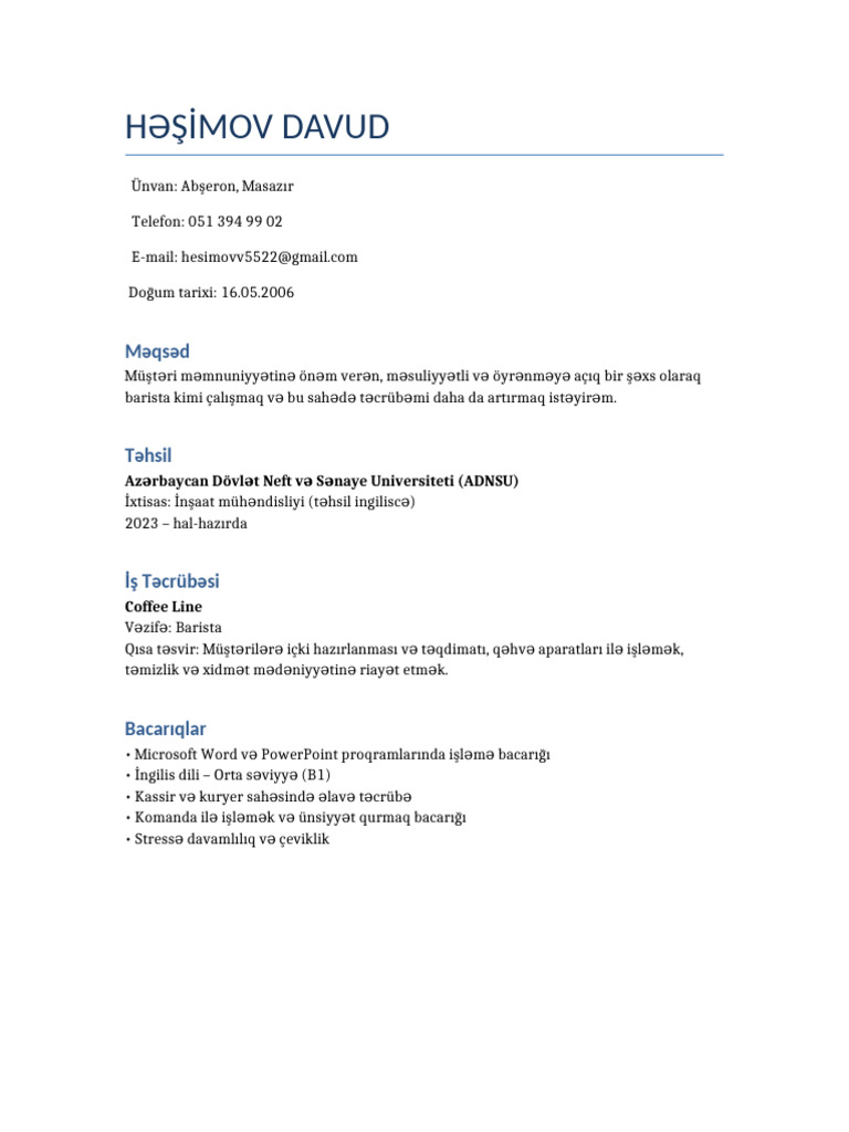 Davud Hashimov CV Kopyası | PDF