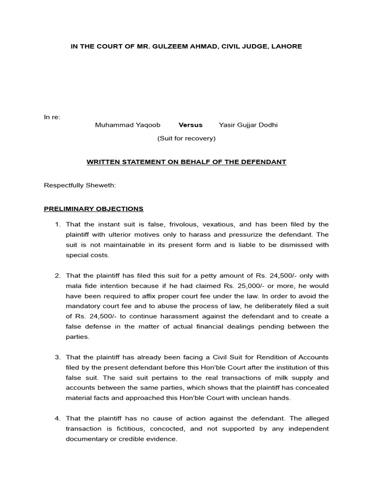 Written Statement Yaqoob Vs Yasir Gujjar | PDF | Lawsuit | Defamation