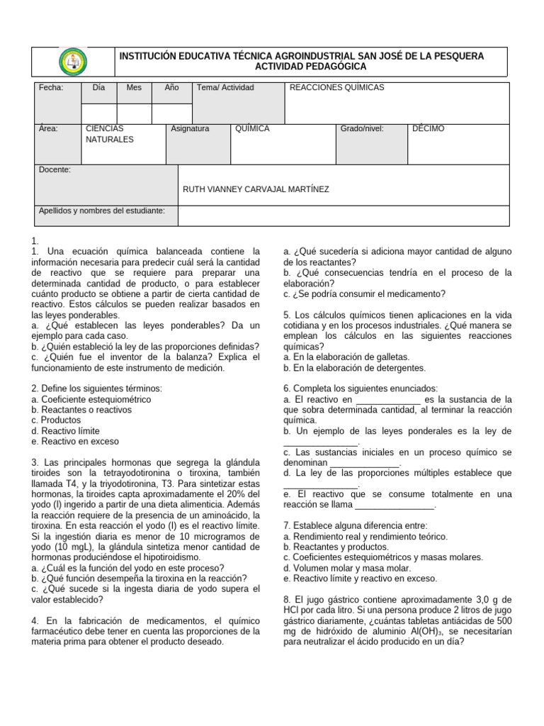 Reacciones Químicas y Cálculos Estequiométricos | PDF | Yodo | Reactivo