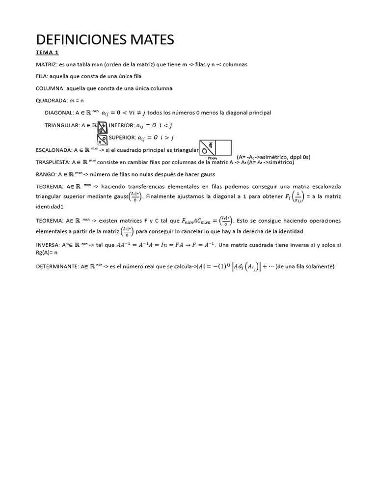 Definiciones Mates | PDF | Base (álgebra lineal) | Matriz (Matemáticas)