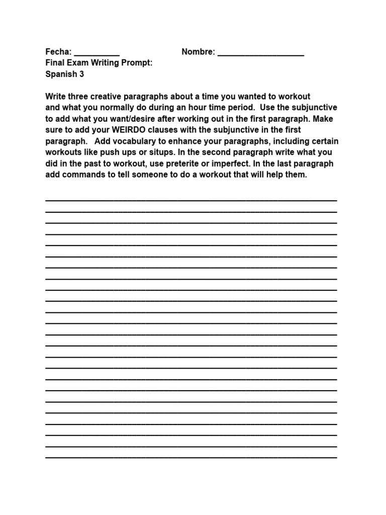 Spanish 3 Exam: Workout Writing Prompt | PDF