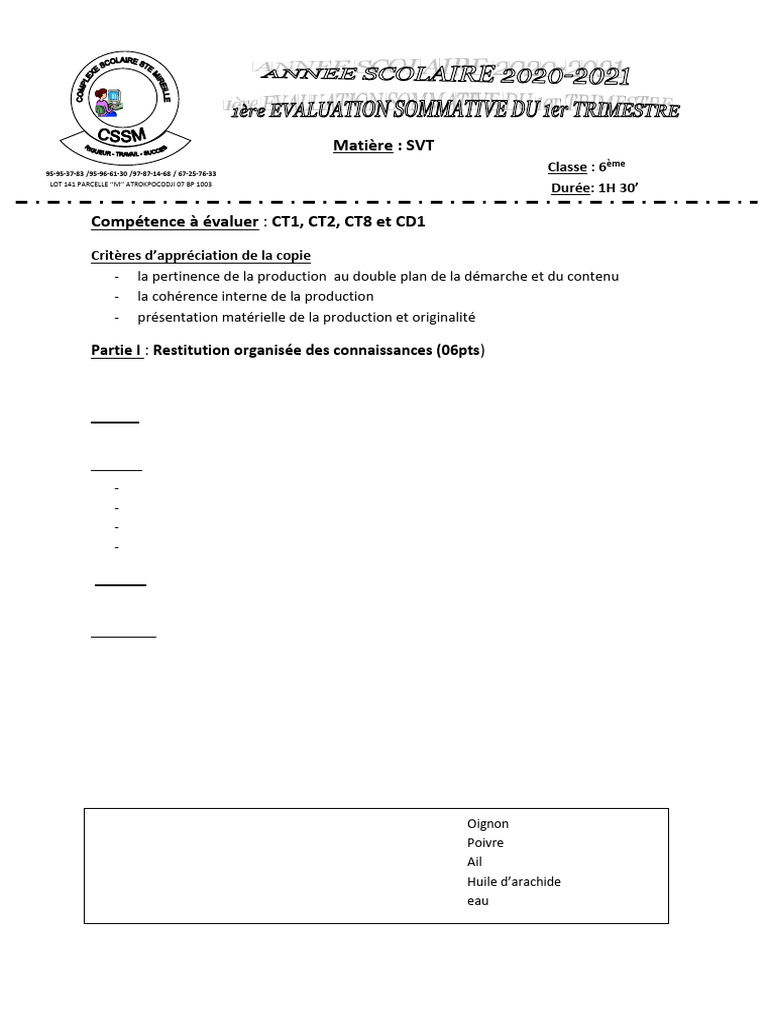 Évaluation SVT 6ème : Alimentation et Dakouin | PDF | Nourritures