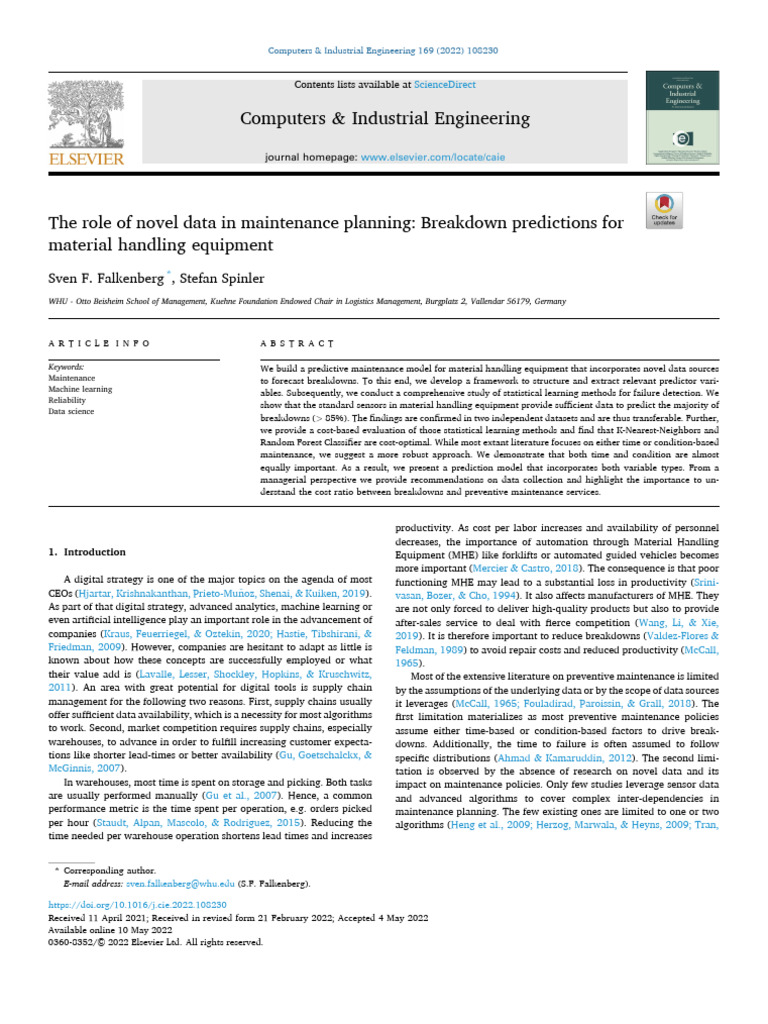 The Role of Novel Data in Maintenance Planning. Breakdown Predictions ...
