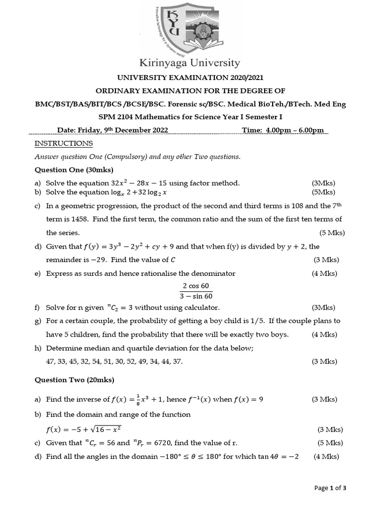 SPM 2104 Mathematics For Science Year I Semester I | PDF | Polynomial ...