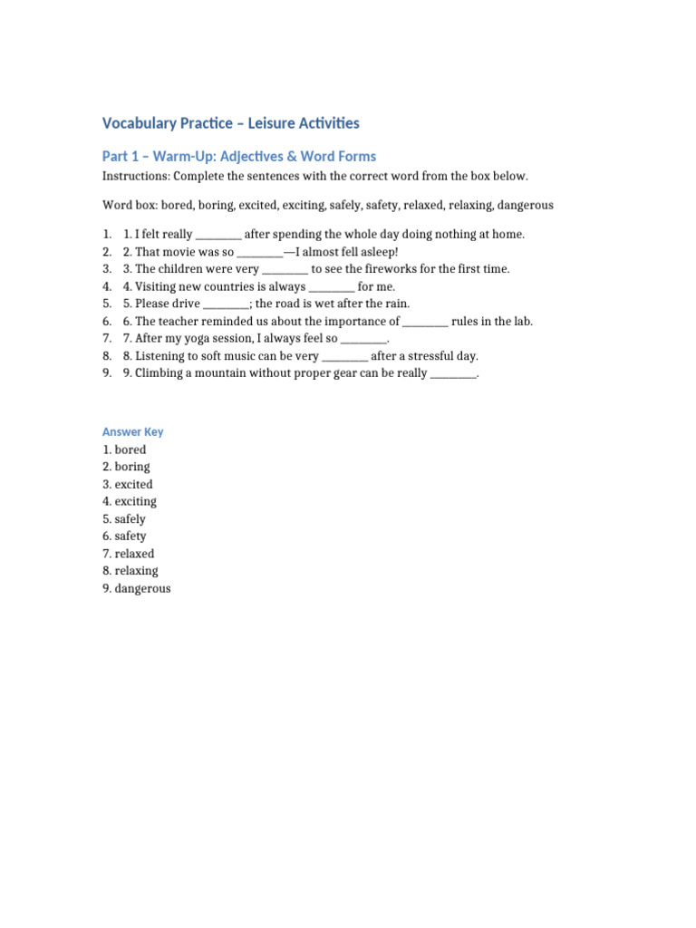 Vocabulary Practice: Leisure Activities | PDF