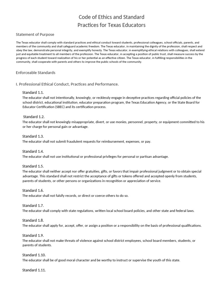Texas Educator Code of Ethics Standards | PDF | Communication | Justice