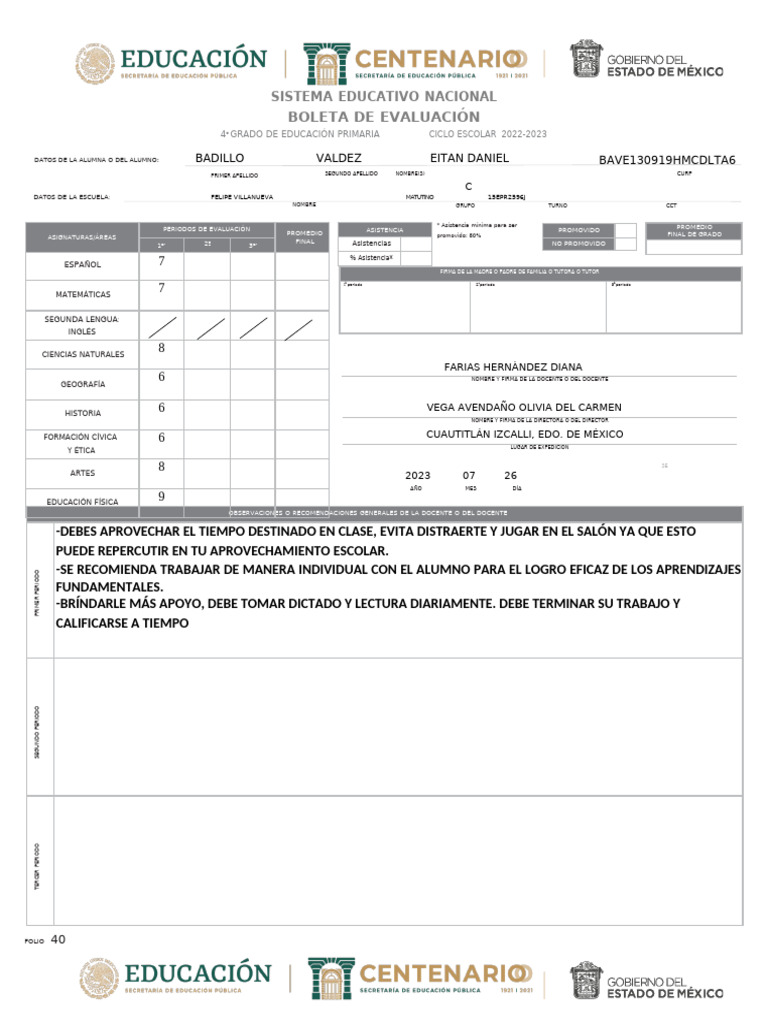 Boleta de Evaluación 4° Grado 2022-2023 | PDF | Educación primaria ...