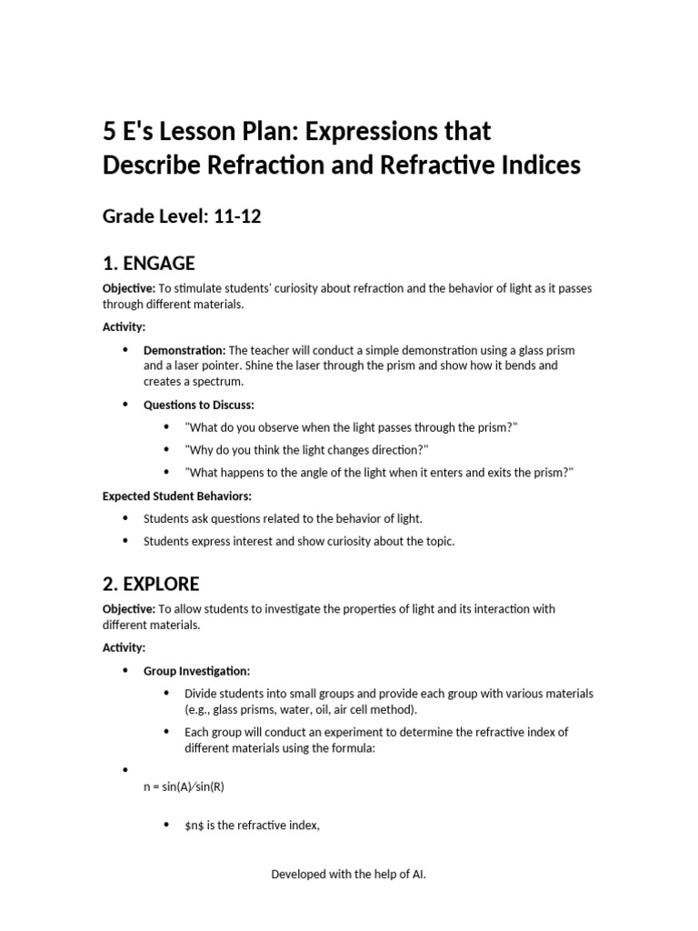 Refraction Lesson Plan for Grades 11-12 | PDF | Refraction | Refractive ...