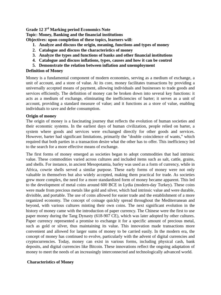Grade 12 Economics: Money & Banking | PDF | Money | Insurance