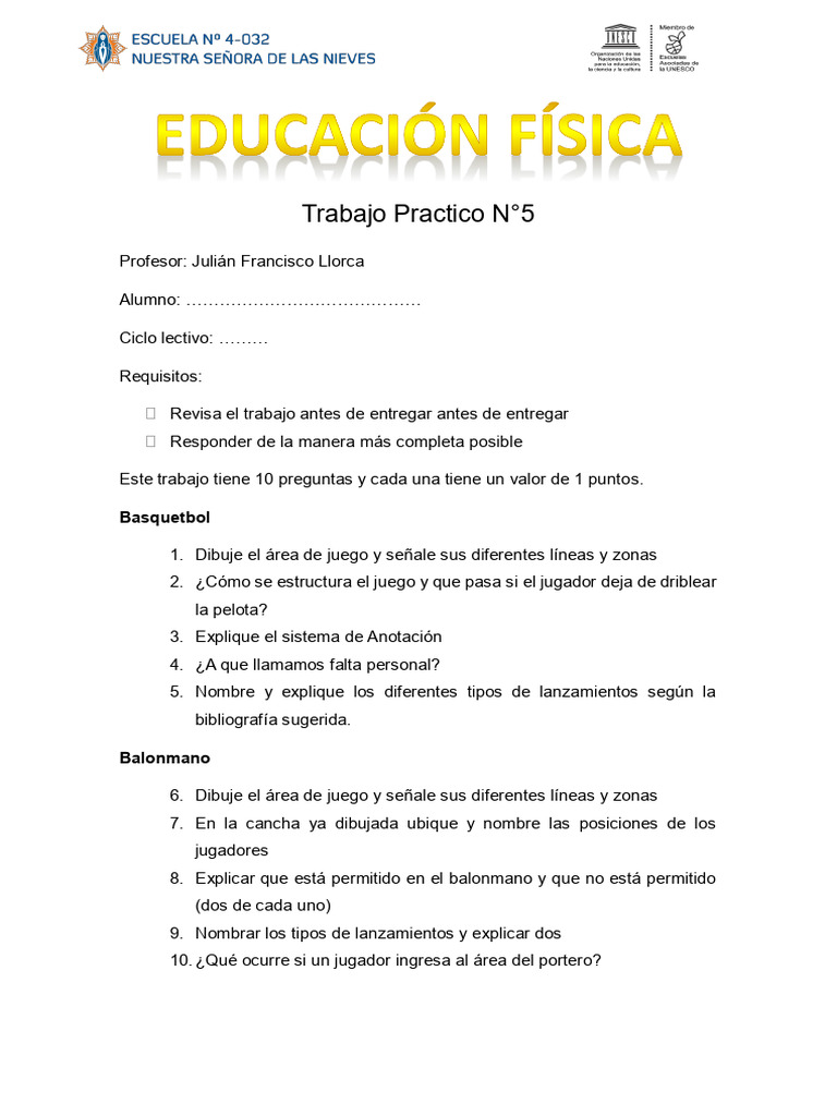 Trabajo Práctico de Deportes: Basquetbol y Balonmano | PDF