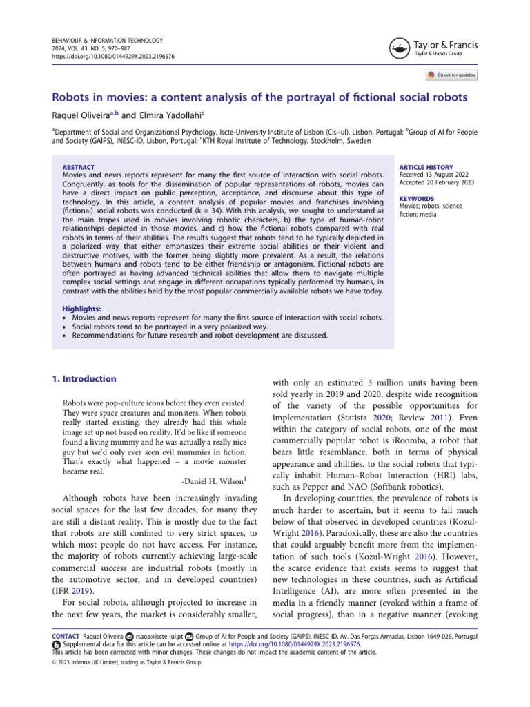 Robots in Movies - A Content Analysis of The Portrayal of Fictional ...