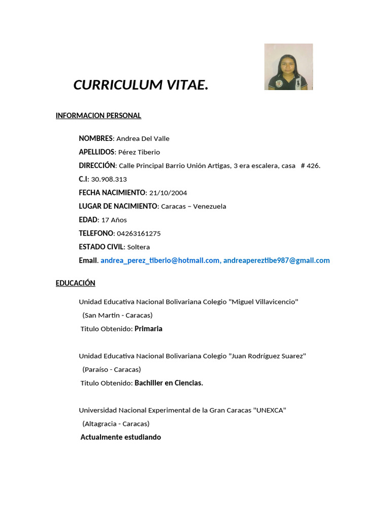 Currículum Vitae de Andrea Pérez Tiberio | PDF
