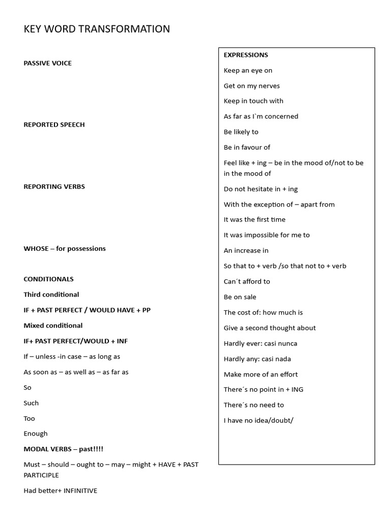 KEY WORD TRANSFORMATION For First Common Expressions and Words | PDF ...