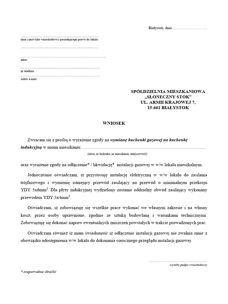 Wniosek Na Wymianę Kuchenki Gazowej Na Indukcyjną 2025 | PDF