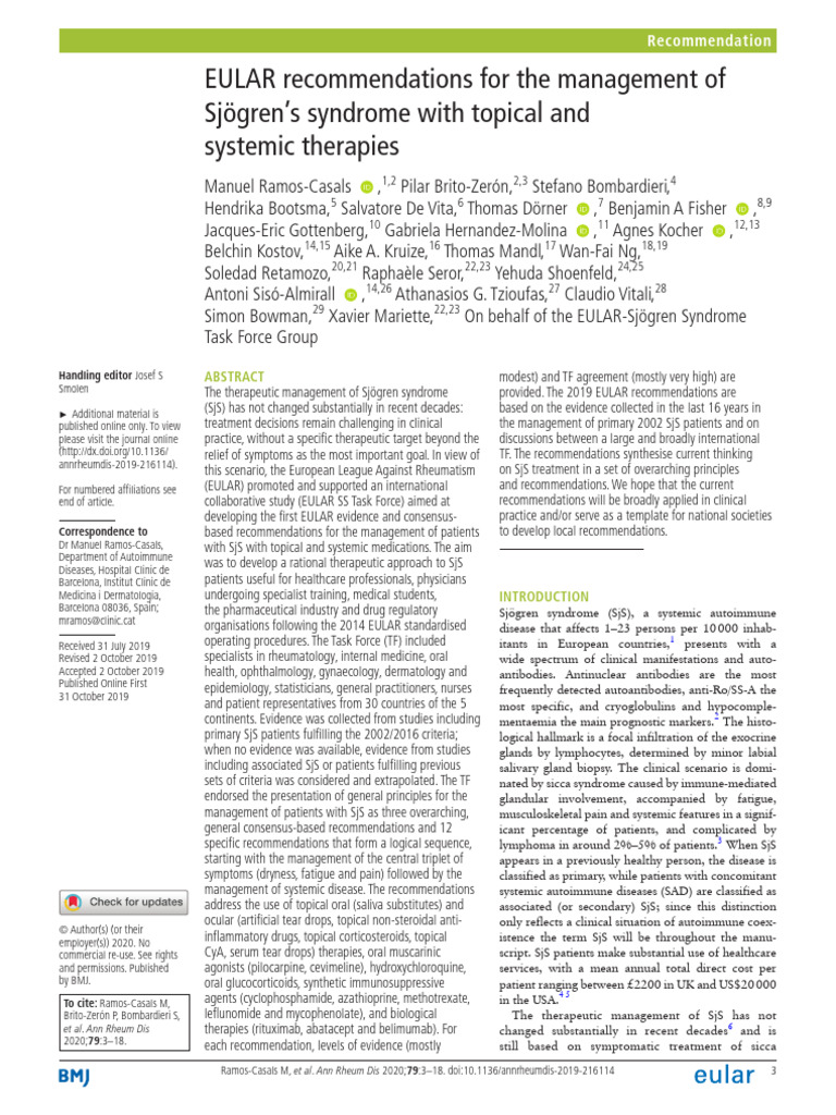 Recomendaciones Manejo Sjogren EULAR 2019 | PDF | Medicine | Medical Specialties