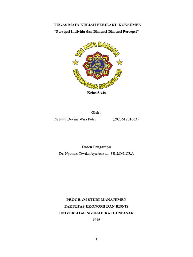 Tugas Individu Perilaku Konsumen - Ni Putu Devina Wira Putri 202361201063 | PDF