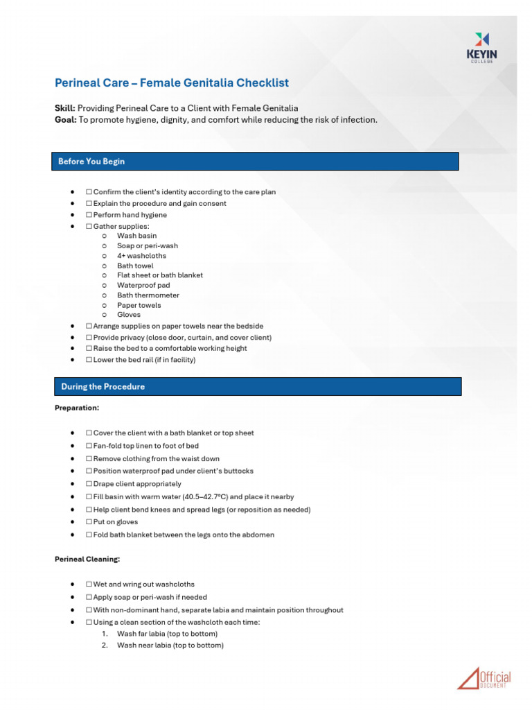 4 - Perineal Care - Female Genitalia Checklist | PDF | Hygiene | Hand ...
