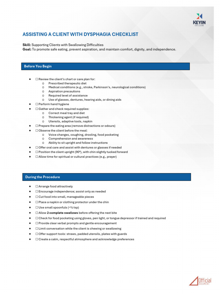 2 - Assisting Clients With Dysphagia Checklist | PDF
