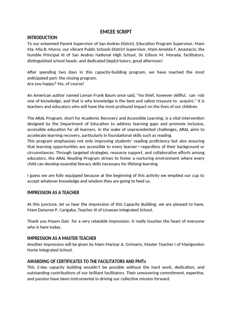 Closing Program Emcee Script | PDF | Learning | Behavior Modification