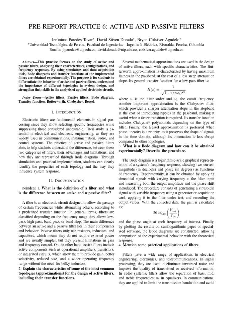 Pre Informe Practica 6 | PDF | Electronic Filter | Filter (Signal Processing)