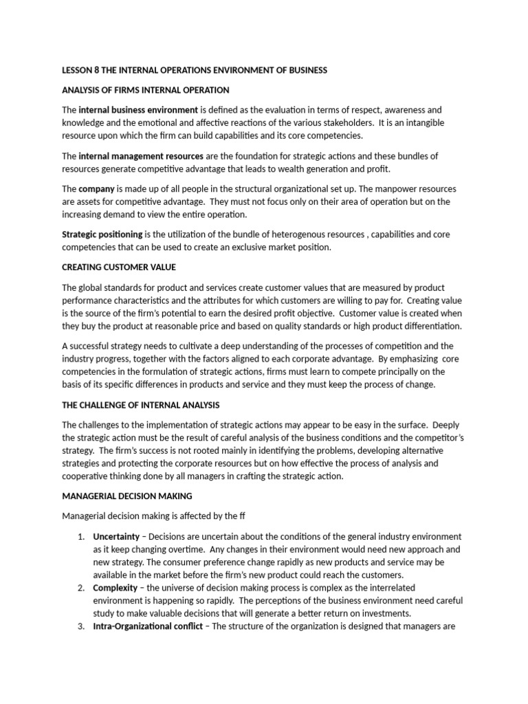 Lesson 8 The Internal Operations Environment of Business | PDF ...