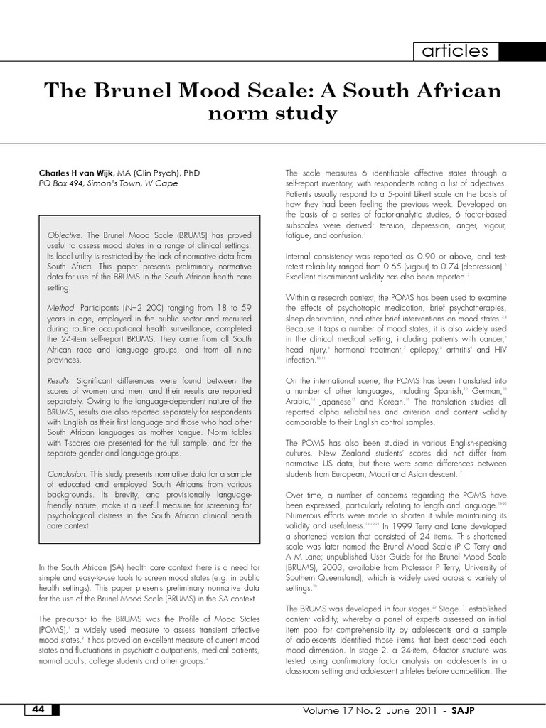 The Brunel Mood Scale: A South African Norm Study | PDF | Validity ...