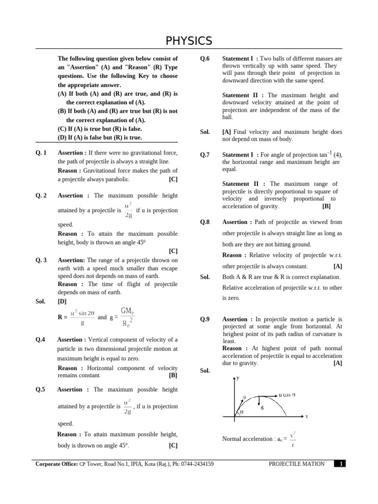 Assertion-Reason Questions on Projectile Motion | PDF | Acceleration ...