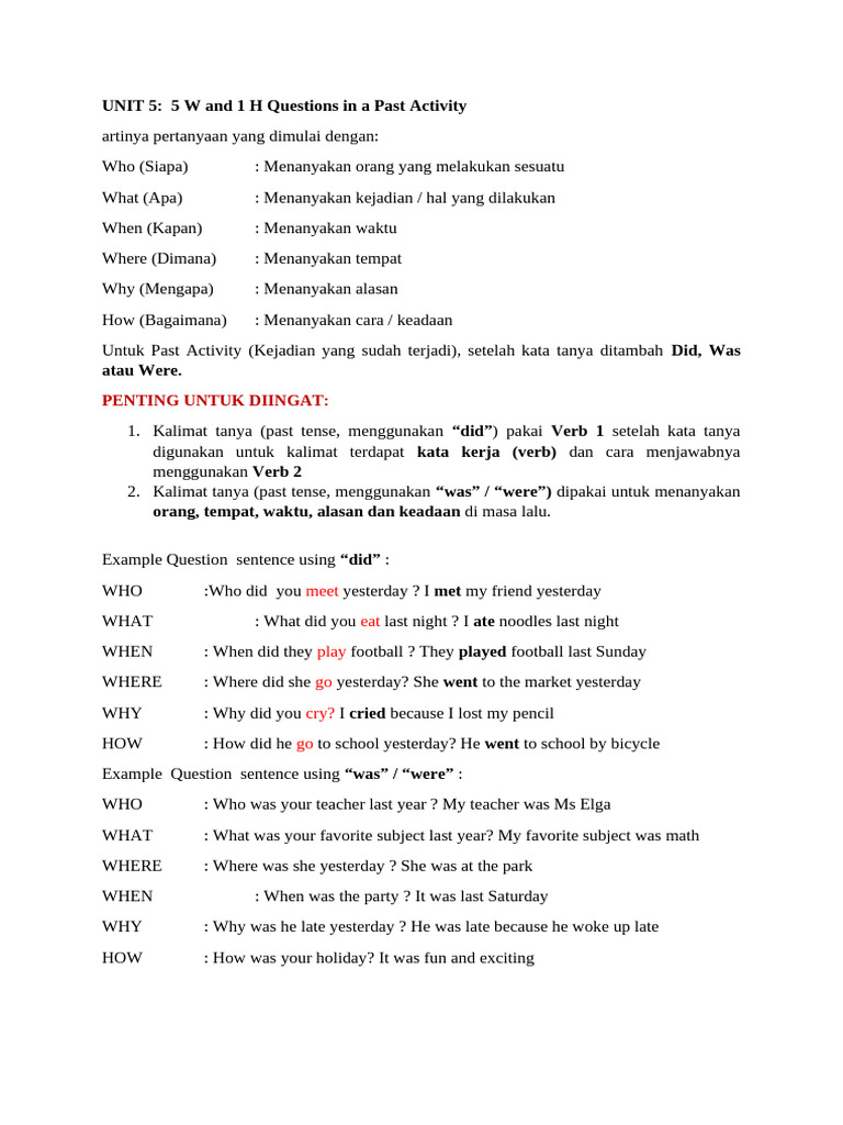Past Activity: 5 W's and 1 H Questions | PDF | Languages | Foreign ...