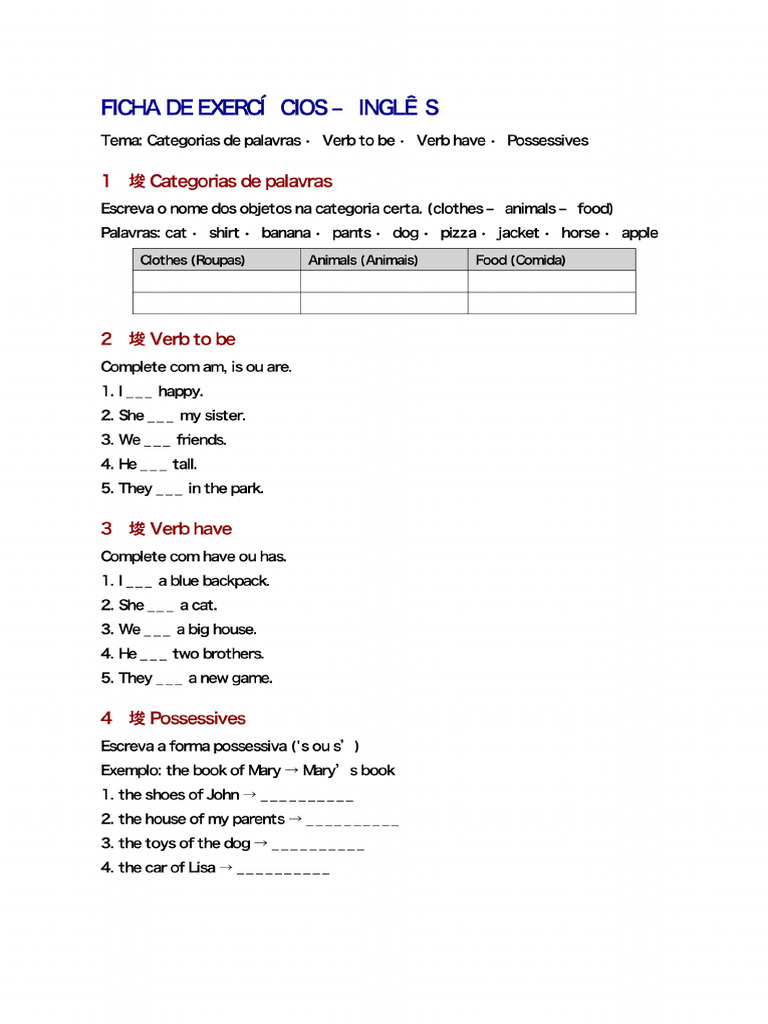 Ficha Exercicios Ingles 1 | PDF