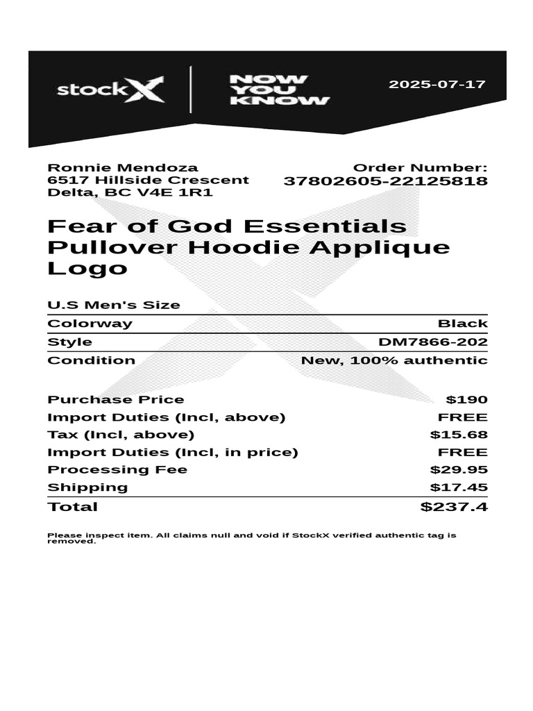 StockX Essentials Hoodie Receipt | PDF