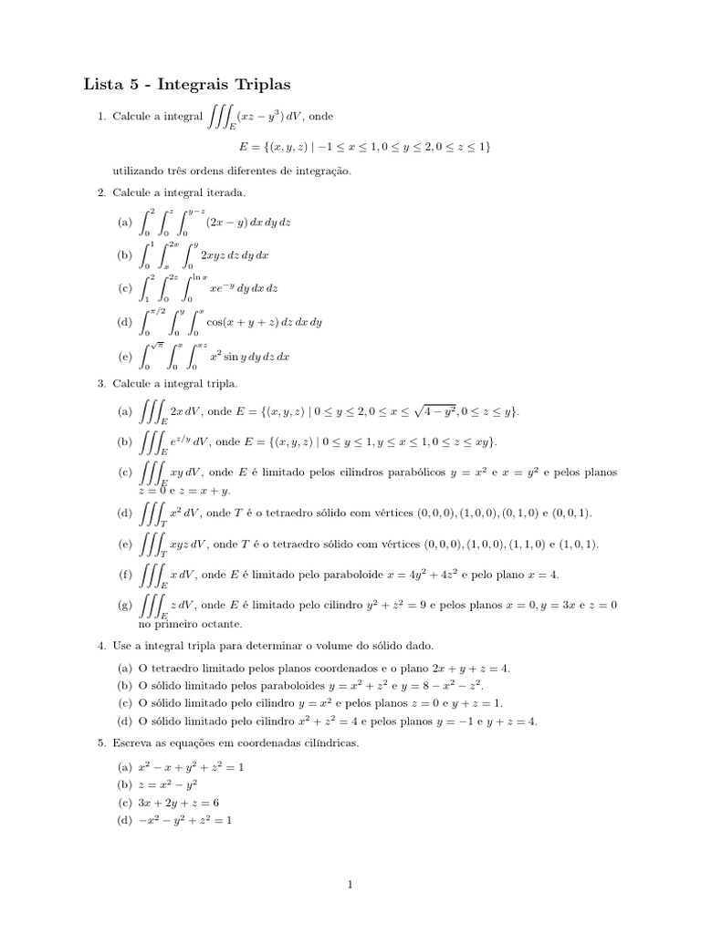 Lista 5 - Integrais Triplas | PDF | Esfera | Euclides