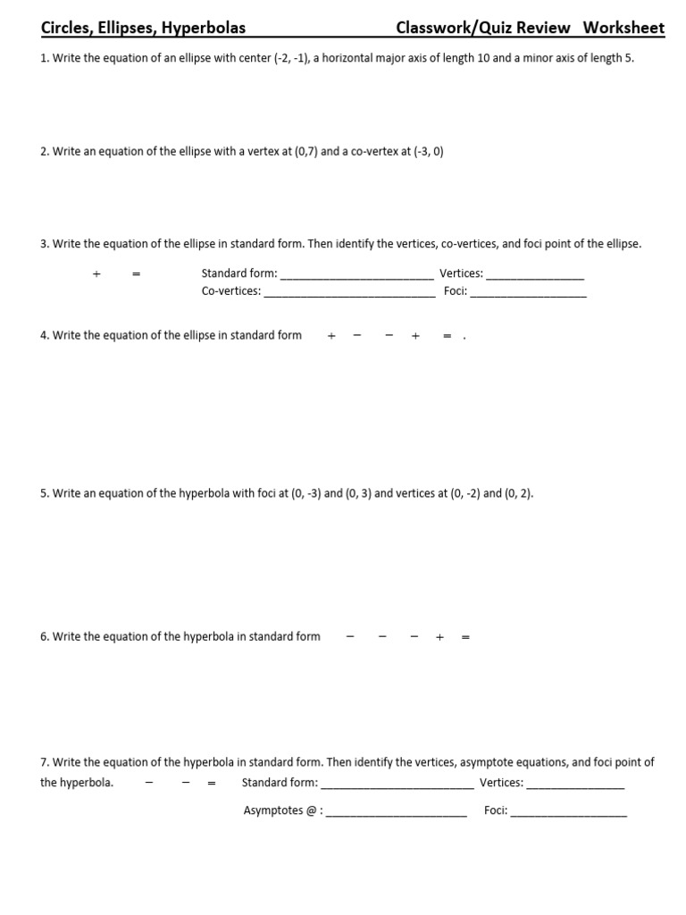 Circle Ellipse Hyperbolas Worksheet | PDF | Ellipse | Euclidean Geometry