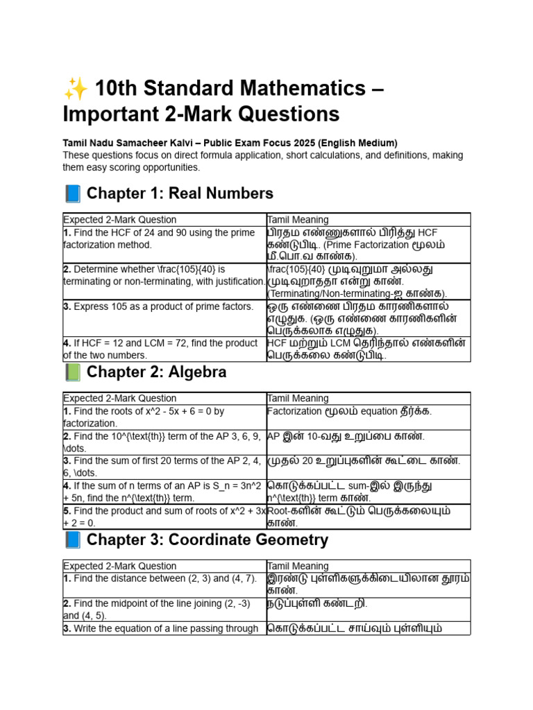 10th Maths Important 2-Mark Questions | PDF