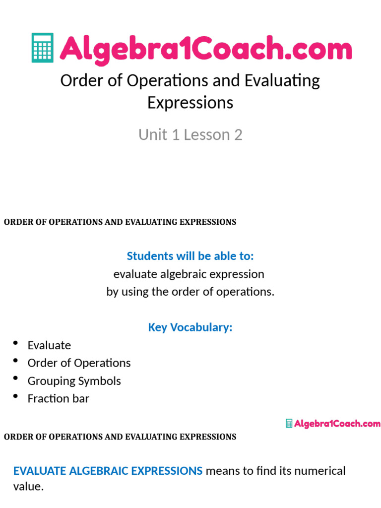 1 2 Slide Show Order of Operations and Evaluating Expressions | PDF ...