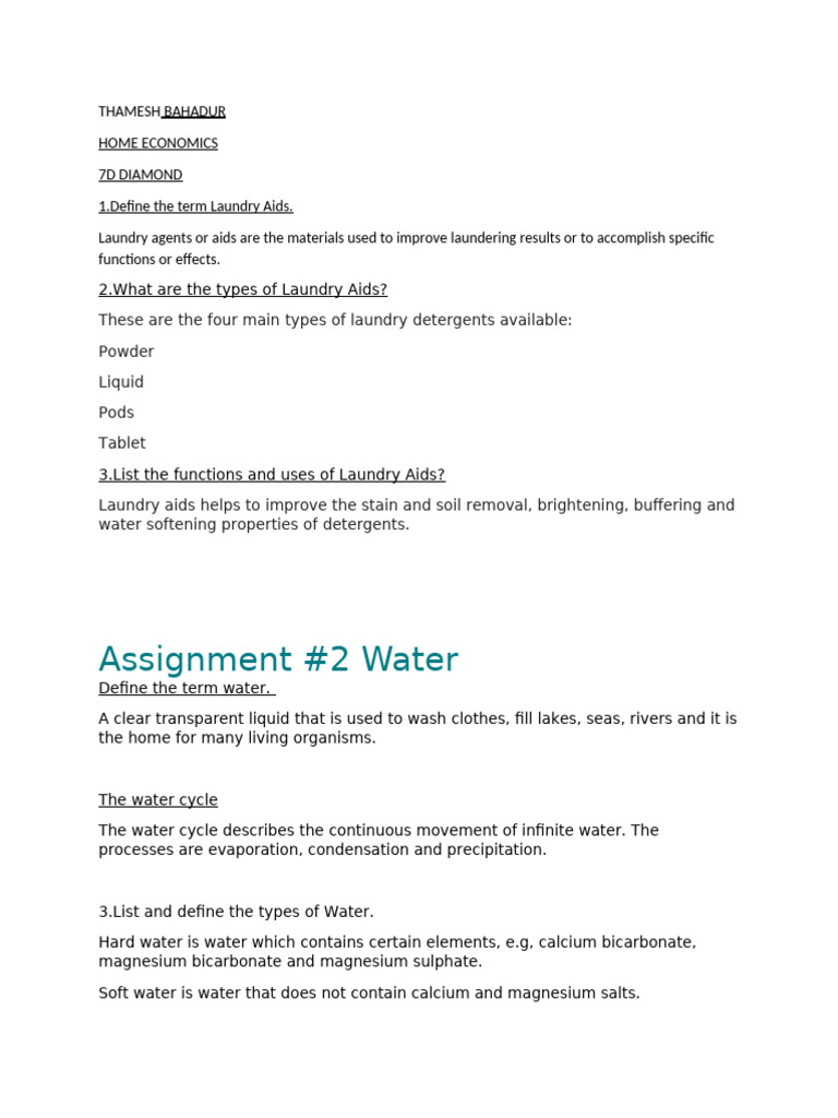 Home Ec Assignment Laundry and Water | PDF