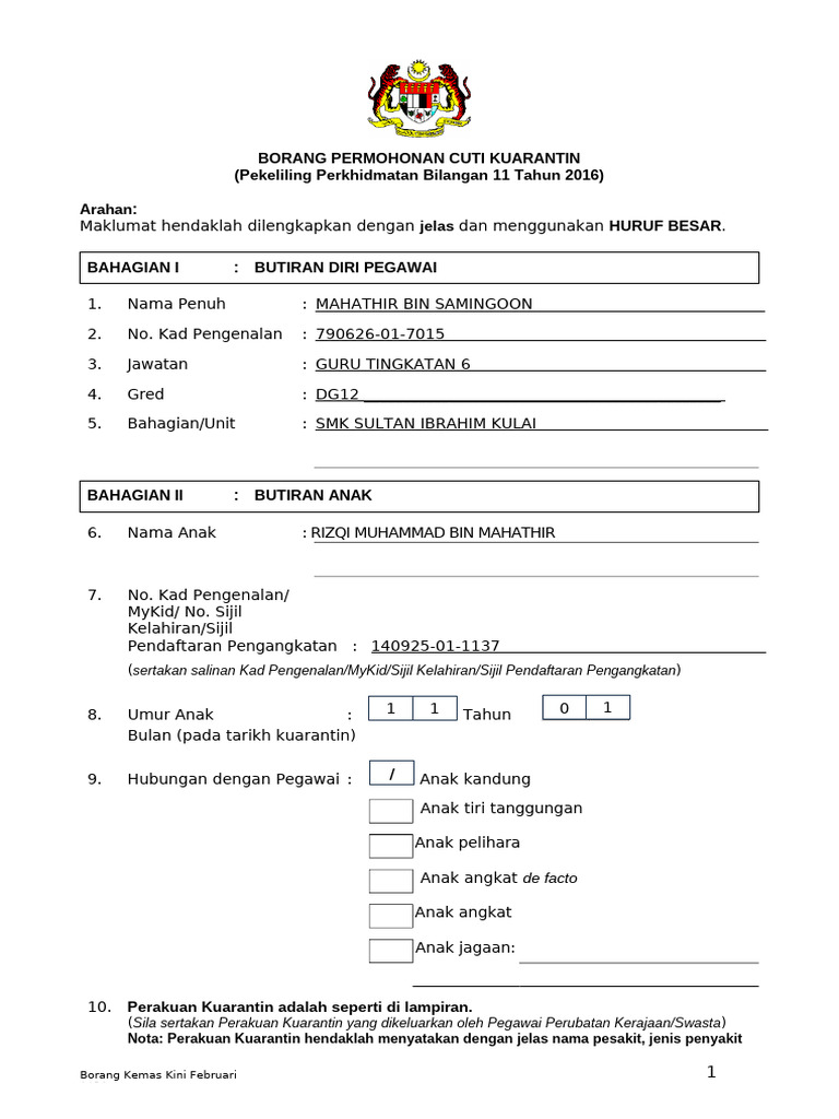 Borang Permohonan Cuti Kuarantin 2018 | PDF