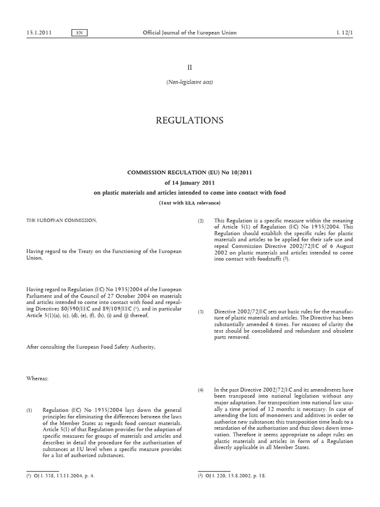 EU Regulation on Food Contact Plastics | PDF