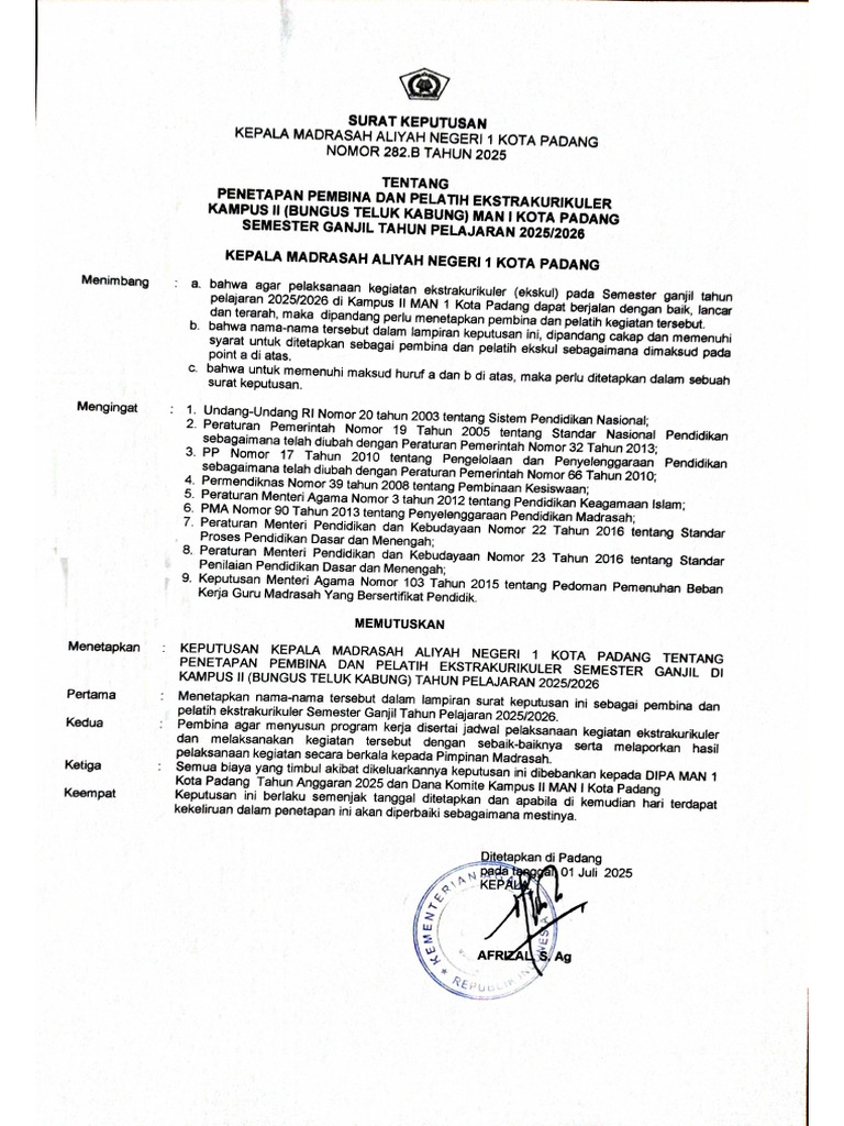 SK Penetapan Pembina Dan Pelatih Ekstrakurikuler Semester Ganjil TP ...