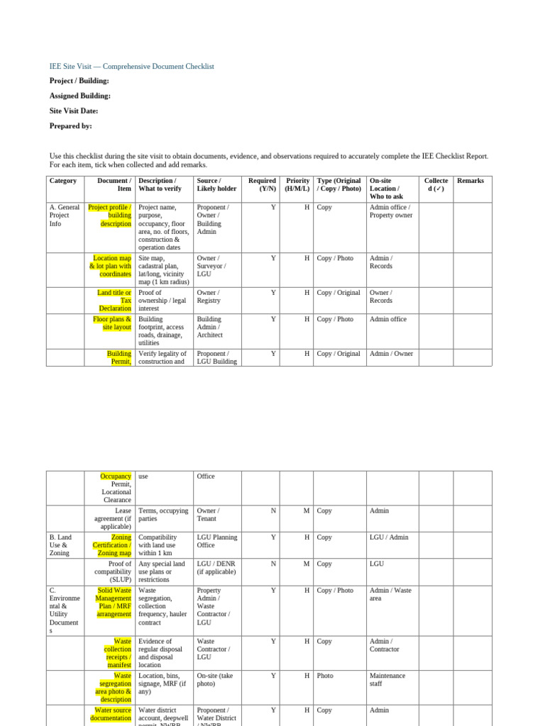 IEE Checklist Site Visit Document - Comprehensive | PDF | Septic Tank