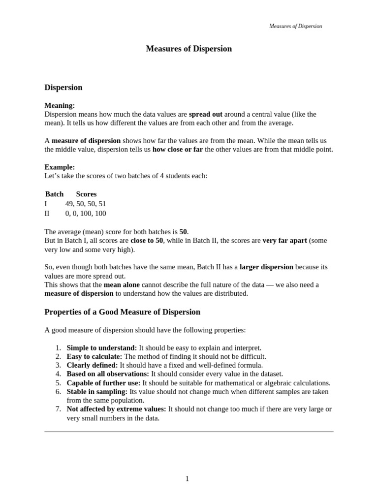 Measure of Dispersion | PDF | Mean | Coefficient Of Variation