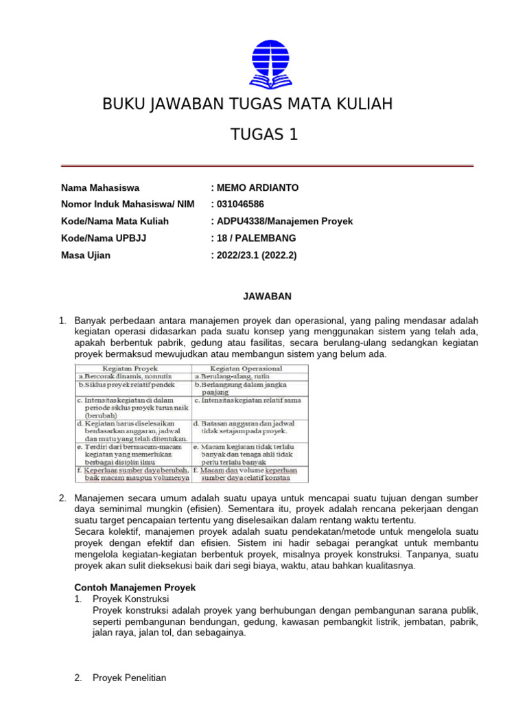 BJT - Umum - tmk1 - ADPU4338 - Manajemen Proyek | PDF
