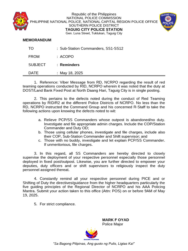 Police Duty Compliance Memo - Taguig City | PDF | Law Enforcement ...