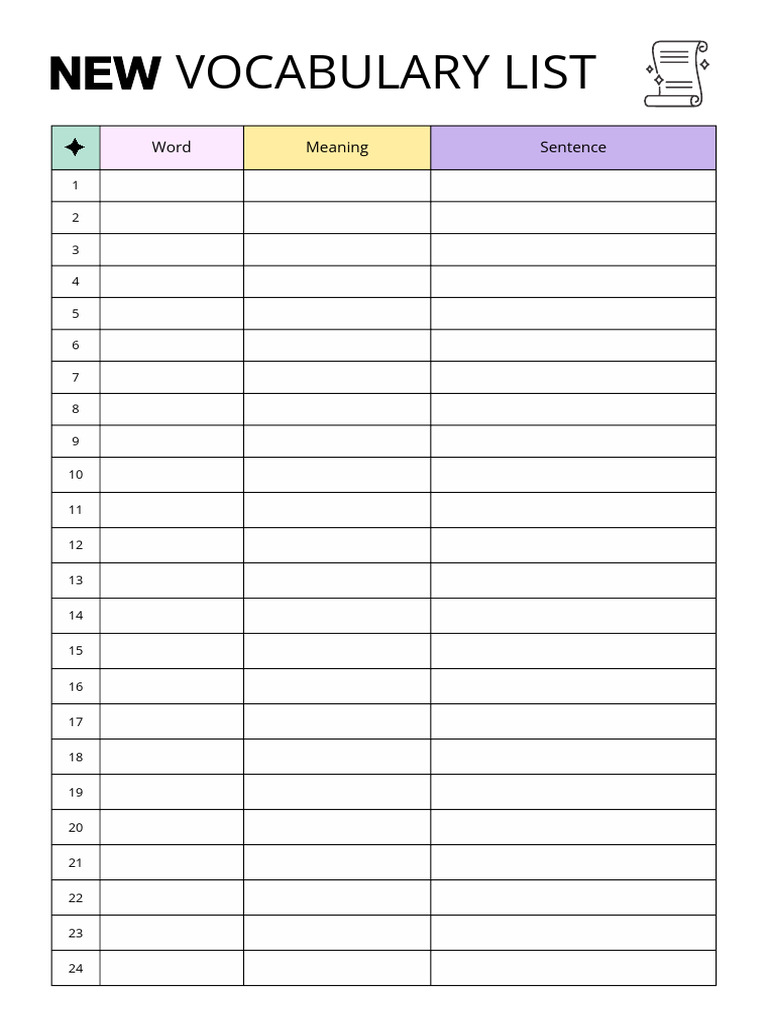 Vocabulary List Document Colorful in Modern and Simple Style | PDF