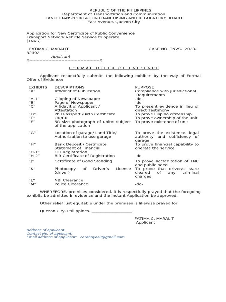 TNVS CPC Application Evidence Submission | PDF | Affidavit | Metro Manila