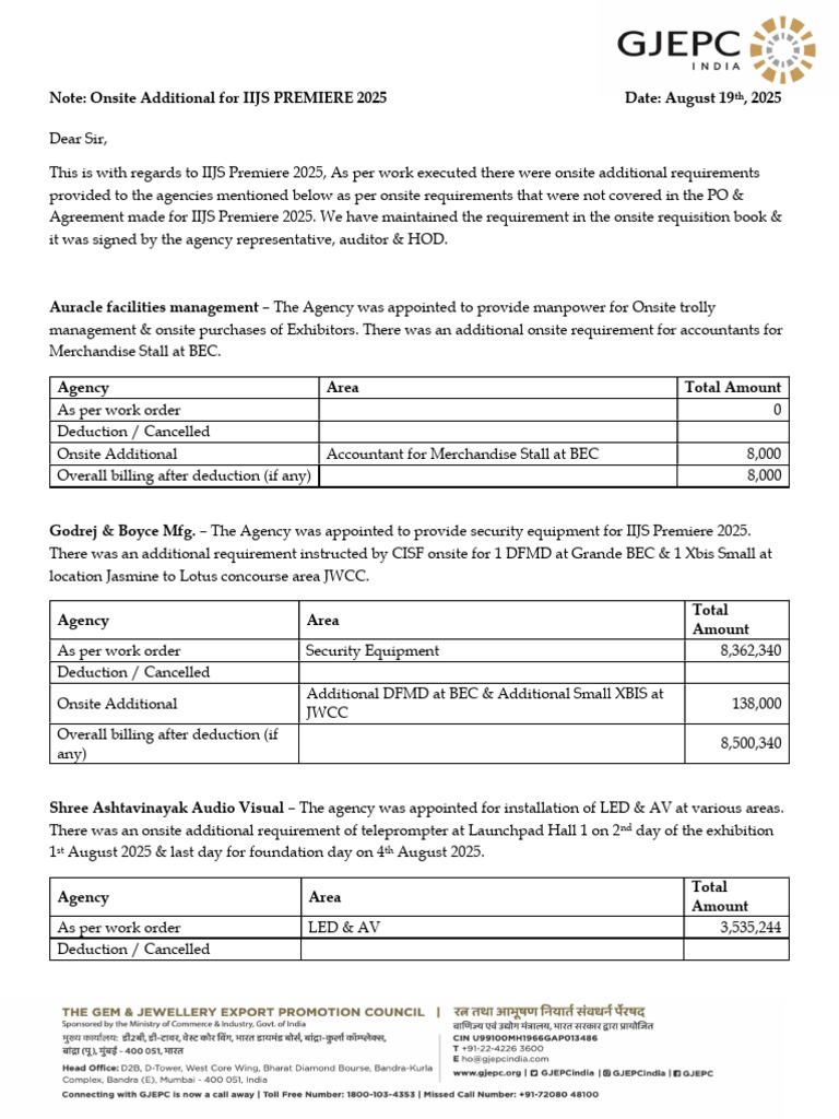 Note - Onsite Additional For IIJS Premiere 2025 | PDF