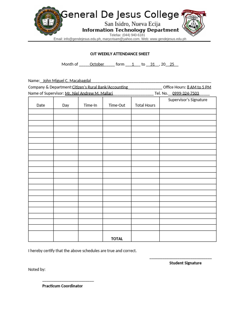 OJT Weekly Attendance | PDF