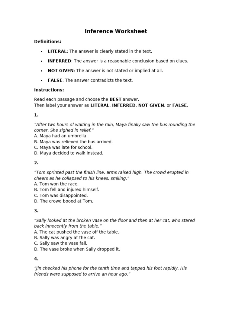 Inference Worksheet for Reading Comprehension | PDF
